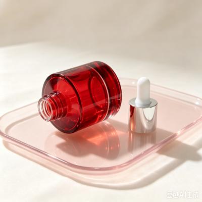 China Red Transparent Glass Dropper Bottle, Thick Base Cosmetic Serum Oil Packaging Bottle with White Rubber Dropper for sale