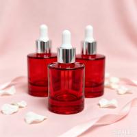 China Red Transparent Glass Dropper Bottle, Thick Base Cosmetic Serum Oil Packaging Bottle with White Rubber Dropper for sale