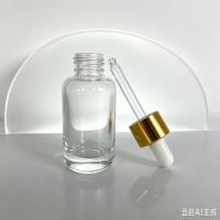 China 50ml Clear Thick Base Glass Dropper Bottle, Gold Aluminum Collar&White Rubber Nipple for Serum Essential Oil Cosmetic Packaging for sale