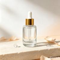 China 50ml Clear Thick Base Glass Dropper Bottle, Gold Aluminum Collar&White Rubber Nipple for Serum Essential Oil Cosmetic Packaging for sale