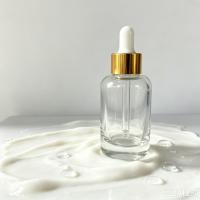 China 50ml Clear Thick Base Glass Dropper Bottle, Gold Aluminum Collar&White Rubber Nipple for Serum Essential Oil Cosmetic Packaging for sale