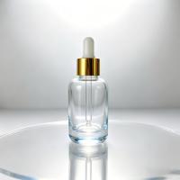 China 50ml Clear Thick Base Glass Dropper Bottle, Gold Aluminum Collar&White Rubber Nipple for Serum Essential Oil Cosmetic Packaging for sale