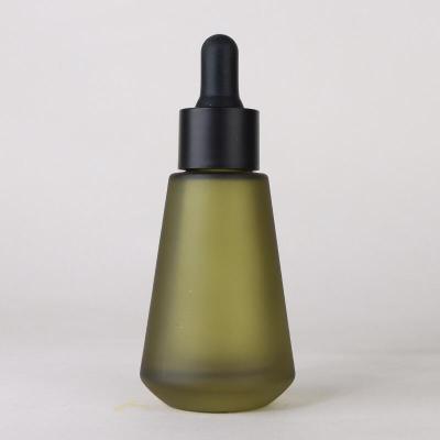 China Factory Wholesale 15ml 30ml Matte Olive Green Tapered Glass Dropper Bottle for Essential Oil Serum Cosmetic Packaging for sale