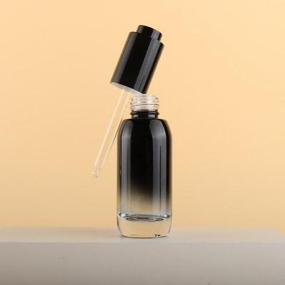 China 30ml Luxury Gradient Glass Press Dropper Bottle, Serum Oil Bottle with Aluminum Collar, Custom Print Wholesale Skincare Pack for sale