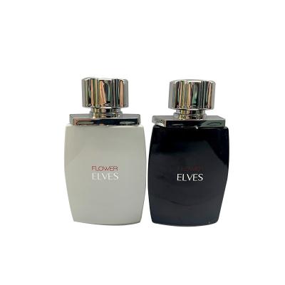 China Flat Square 25ml Black White Perfume Bottle With Flower Shape Cap for sale