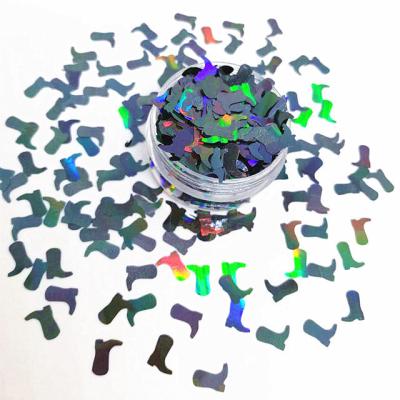China Wedding Decoration Polyester Holographic Black Cowboy Boots Glitter Shape for Craft Occasion for sale