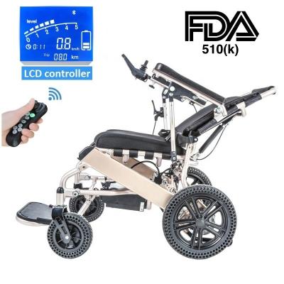 China Lightweight Aluminum Electric Wheelchair 24V Li-ion 15km Range Foldable Reclining Remote Control for Elderly for sale