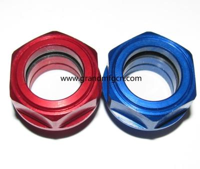 China Aluminum Bull Eye Oil Level Sight Glass Plug M22x1.5 M27x1.5 M42x1.5 Metric Thread Red Central Mark Milled Head for sale