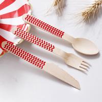 China Red Stripe Cutlery Disposable Biodegradable Wooden Tableware Utensils for sale