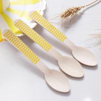 China Yellow  Striped Wooden Cutlery Party Picnic Spoon Fork Knife Utensils Set for sale
