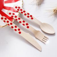 China Eco Friendly 160MM  Red Dots Wooden Cutlery Knife Fork Spoon Uensils Set for sale