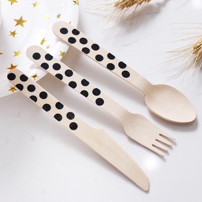 China Compostable Disposable 16cm Wooden Black Dott Cutlery party Utensils for sale
