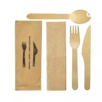 China 160 mm 100% disposable  wooden knife fork spoon brown napkin pepper wrapped individually can be customized logo for sale