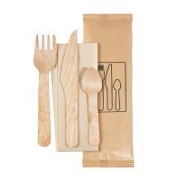 China 160 mm 100% disposable  wooden knife fork spoon brown napkin pepper wrapped individually can be customized logo for sale