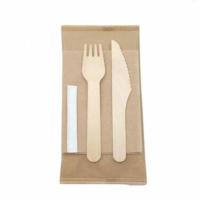 China 160 Mm Biodegradable Wooden Fork Spoon Napkin Toothpick With Wrapped Paper Package for sale