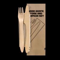China 190Mm Disposable Biodegradable Wooden Knife Fork Napkin Cutlery Set Kraft Paper Wrapped For Hotel for sale