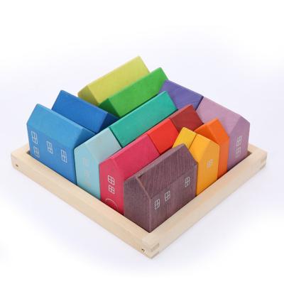 China 22.5cm House Wooden Rainbow Stacker Wooden Story Rainbow Stacking Toy for sale