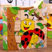China Baby Wooden Block Toys Animal Fruit Early Learning Six Side 3D Cube Jigsaw for sale