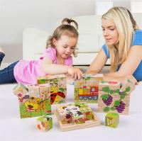 China Baby Wooden Block Toys Animal Fruit Early Learning Six Side 3D Cube Jigsaw for sale