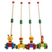 China Kids Wooden Cartoon Animals Trolley Car Wood Pushing Toy Random Color for sale