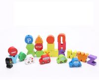 China 75Pcs Wooden Urban Traffic Number Letter Beaded Rope Game Stringing Threading for sale