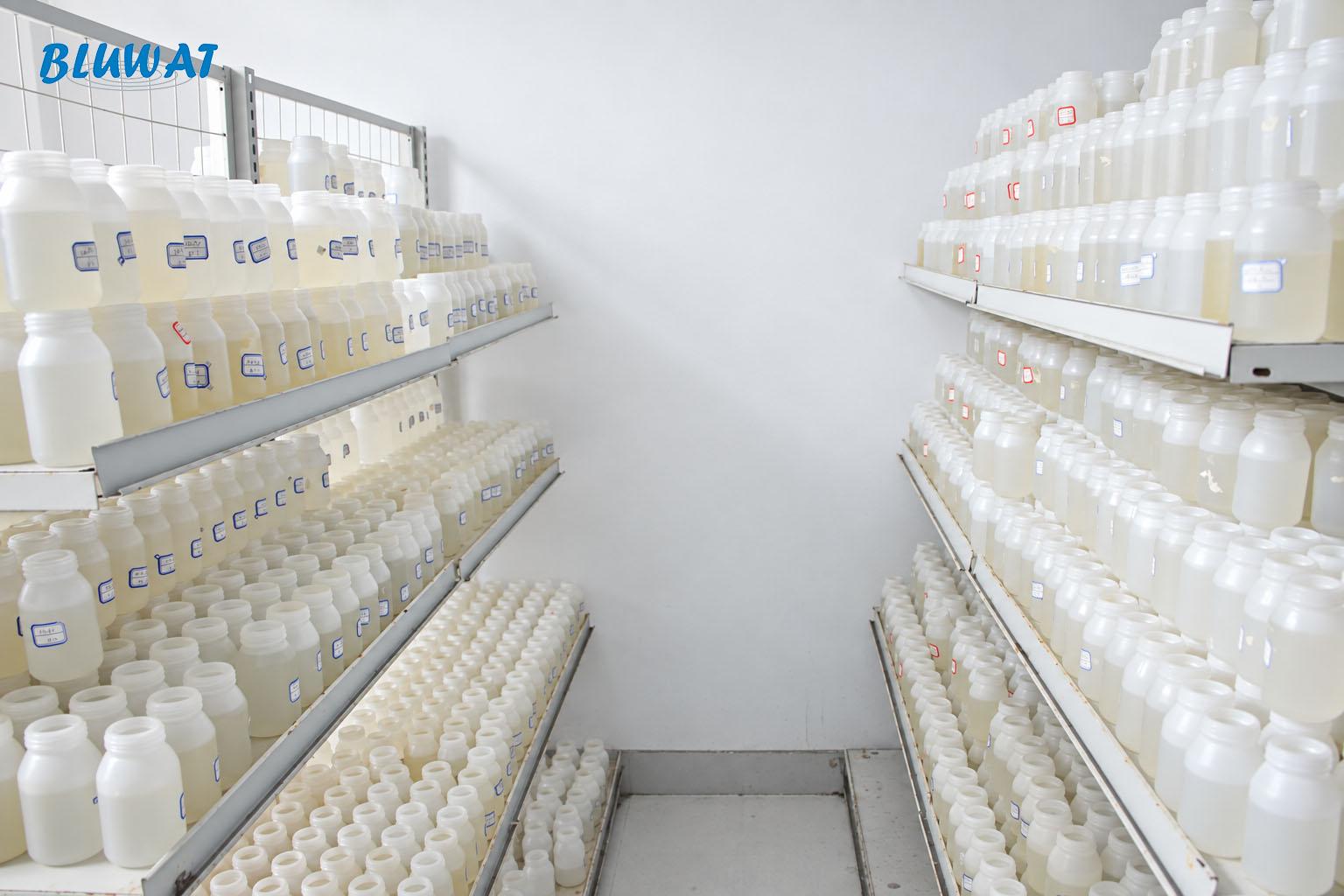 BWD-01 Water Decoloring Agent batch retention samples stored in the Bluwat quality control room