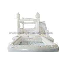 China Inflatable Wedding Bouncer Slide Combo 5x5m White Moon Bounce House with Ball Pit for Kids for sale