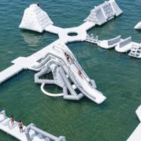 China Commercial Floating Aqua Park PVC Modular Water Recreation Equipment 50m Walkway Slides Platforms for Resort Lake Tourism for sale