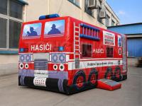 China Custom Fire Truck Bounce House with Ladder Graphics and Bounce Area for Schools Festivals Brand Events and Playgrounds for sale