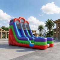 China Colorful Dual Lane Inflatable Dry Slide with Mesh Safety Net for Kids Parks Schools and Rental Events for sale