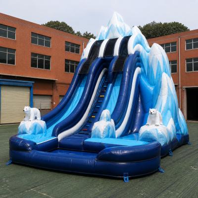 China Commercial Polar Expedition Dual Lane Inflatable Slide with Ice Mountain Theme High Side Walls and Landing Pool for sale