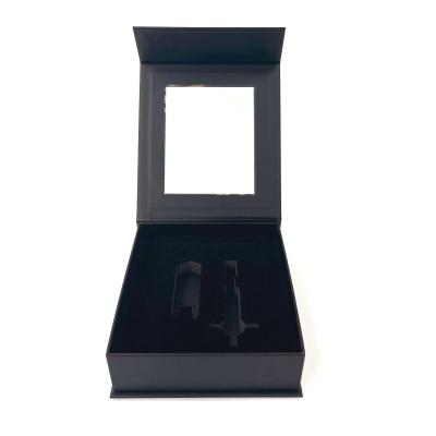 China Custom Black Solid Magnetic Gift Box Packaging With Clear Window Foam Insert for sale