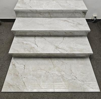 China Wear-resistant Light Gray Mable Leave Space for Led Strip 470x1200mm Polished Glazed Ceramic Staircases Step and Riser For Living Room for sale