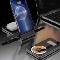 China Magnetic Foldable Wireless Charger Stand 4In1 15w With Tempered Glass Face for sale