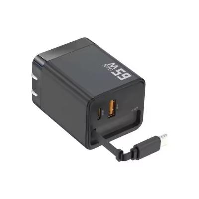 China 65W with 65cm Retractable Cable GaN Charger( USB-C + USB + Type C Cable) PD3.0 PPS QC4.0 Quick Travel Charger for sale