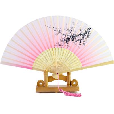 China Wholesale Custom Logo Printed Bamboo Folding Fan 21CM(8.27in) Hand Crank Fan with Bamboo and Silk Material for sale