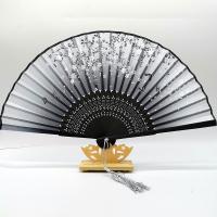 China Wholesale Custom Logo Printed Bamboo Folding Fan 21CM(8.27in) Hand Crank Fan with Bamboo and Silk Material for sale