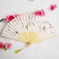 China Wholesale Custom Logo Printed Bamboo Folding Fan 21CM(8.27in) Hand Crank Fan with Bamboo and Silk Material for sale
