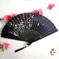 China Wholesale Custom Logo Printed Bamboo Folding Fan 21CM(8.27in) Hand Crank Fan with Bamboo and Silk Material for sale