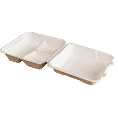 China Biodegradable Bagasse Sugarcane Clamshell Food Container 3 Compartment Disposable for sale
