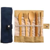 China Portable Bamboo Travel Cutlery Set Chopsticks Spoon Straw Six Piece Cloth Bag Packing for sale