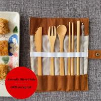 China Portable Bamboo Travel Cutlery Set Chopsticks Spoon Straw Six Piece Cloth Bag Packing for sale