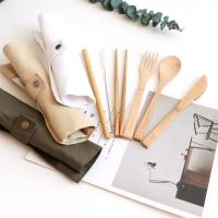 China Disposable Portable Organic Bamboo Spoon Fork Chopsticks Set Cloth Bag Packing for sale
