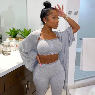 China Hot Sale Breathable Plus Size Pajamas 3 Piece Sets Loose Lace Up Casual Long Robe Women Stretch Comfortable Pajamas Set Women's Sleepwear for sale