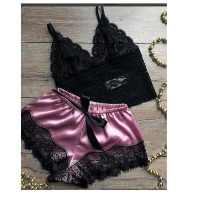 China TY Breathable Hot Sale 2 Pcs Sets Lace Up Short Silk Satin Sleepwear Pajamas For Women Women Sleepwear for sale