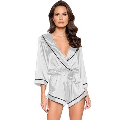 China Women's Long Sleeve Breathable Solid V-neck Pajamas Satin Sleepwear Set Romper Nightgowns Onesies For Women Sleepwear Silk Pajamas for sale