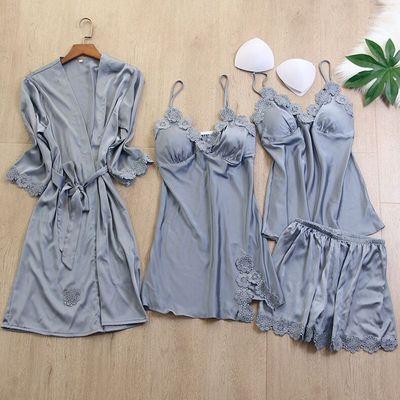 China New hot retail products breathable four piece sleepwear sets women summer homewear bridal long robe silk women bathrobe for sale