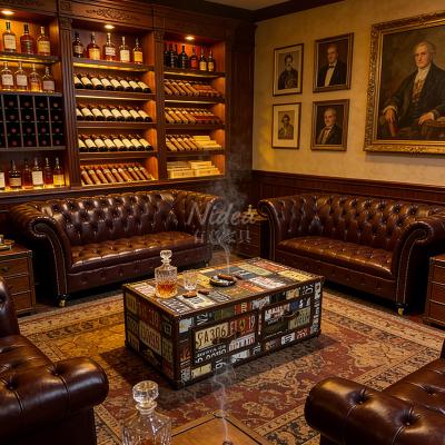 China Nidea #863 American Industrial Style Art Hotel Cafe Genuine Leather Chesterfield Sofa Set 1 2 3 Seater Combination Living Room for sale