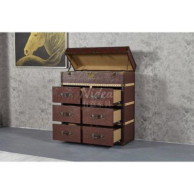 China Nidea #305 Vintage Brown Genuine Leather Aviator Storage Trunk Cabinet Side Table Chest Cabinet Industrial Aviator File Furniture for sale