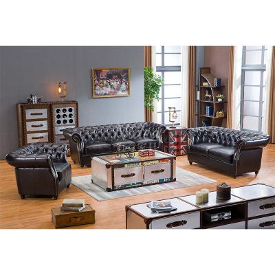 China Nidea #8971 American Vintage Three-Seat Genuine Leather Sofa Set Comfortable Durable Cowhide Oil Wax Straight Buckle Hotel Villa for sale